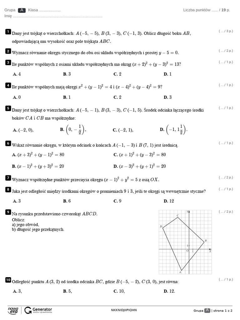 Geometria Analityczna - Powtórzenie Test (Z Widoczną Punktacją) | PDF