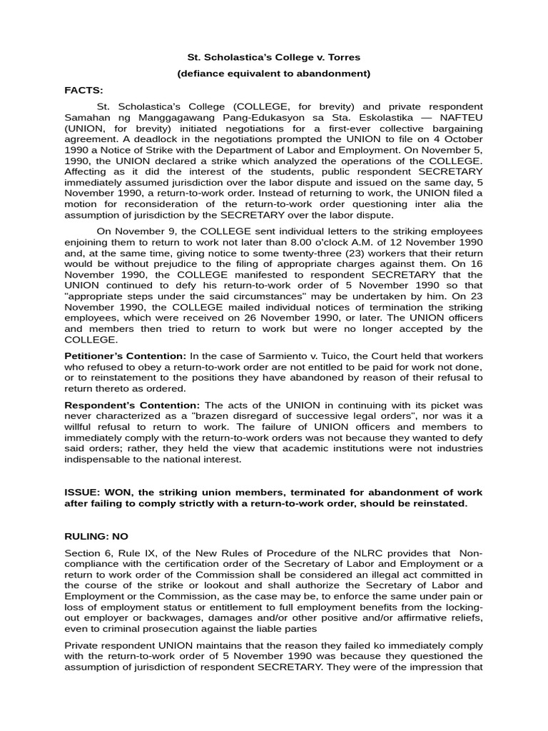 St. Scholastica's College v. Torres | PDF | Strike Action | Employment