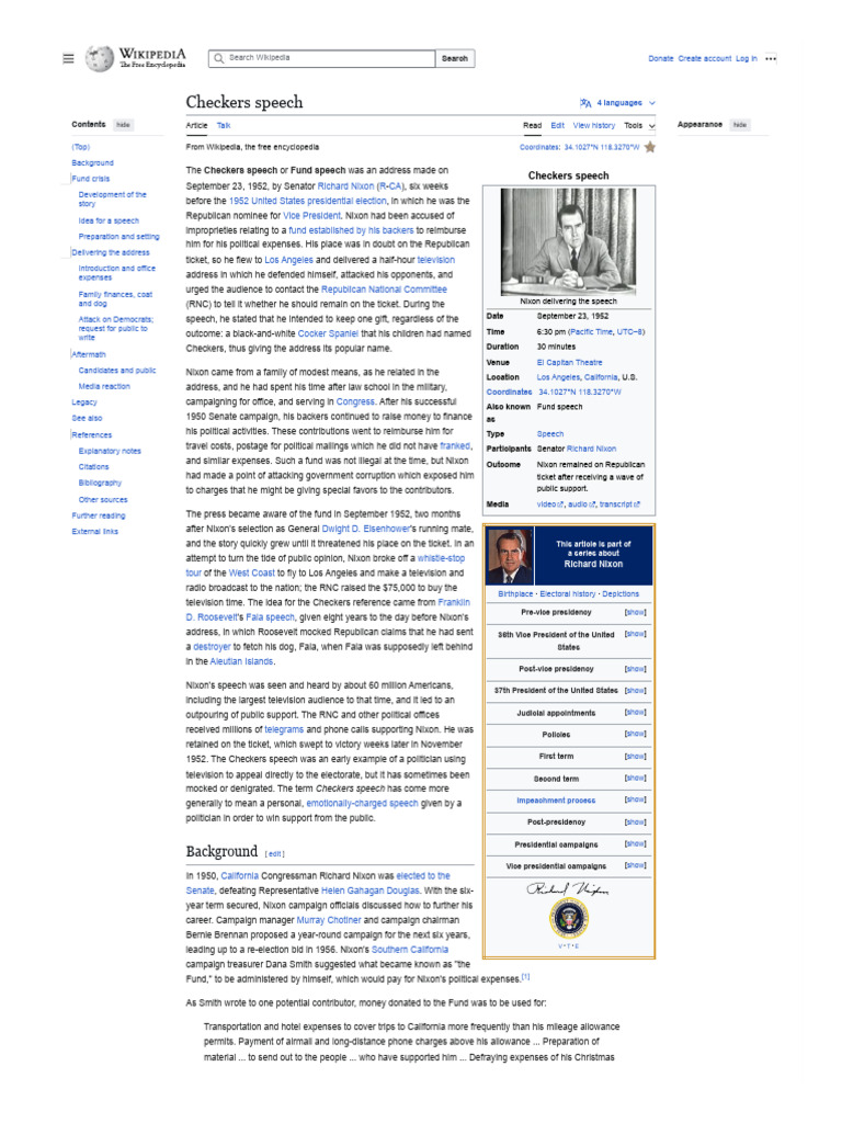 Nixon's Checkers Speech Overview | PDF | Richard Nixon | Politics Of ...