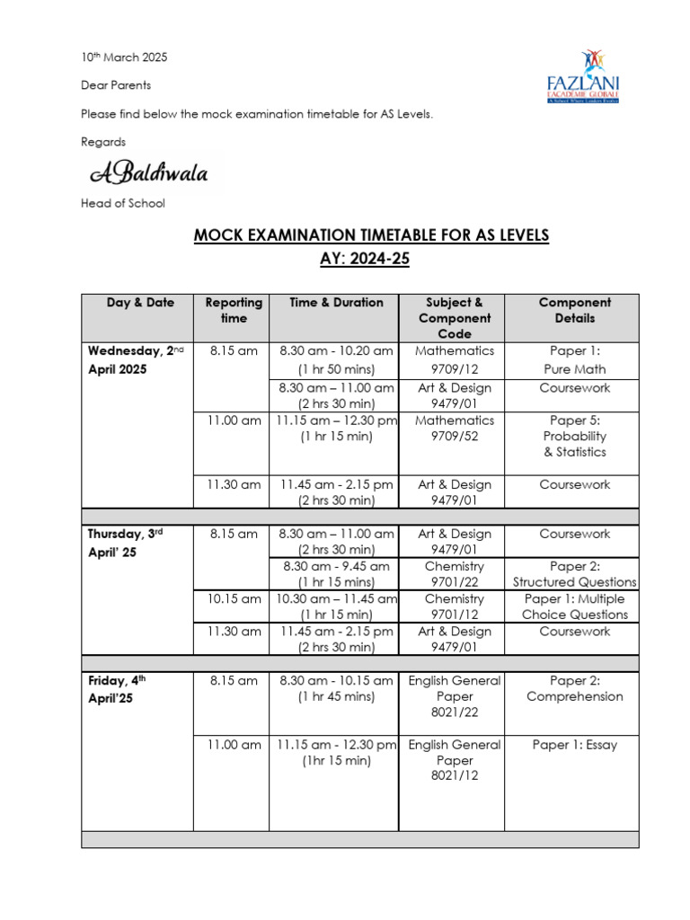 AS Level Mock Exam Timetable 2025 | PDF | Mathematics | Science