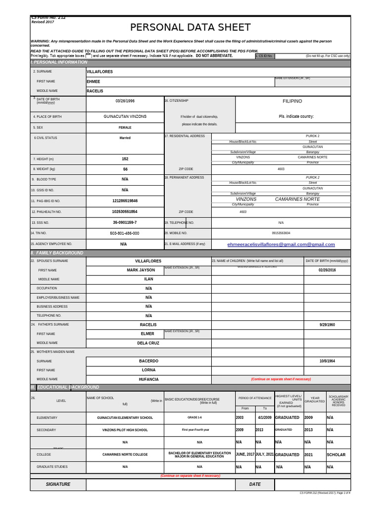 (PDS) Personal Data Sheet Revised | PDF | English As A Second Or ...