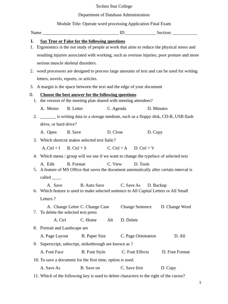 Operate Word Processing Application Final Exam | PDF | Control Key | Software