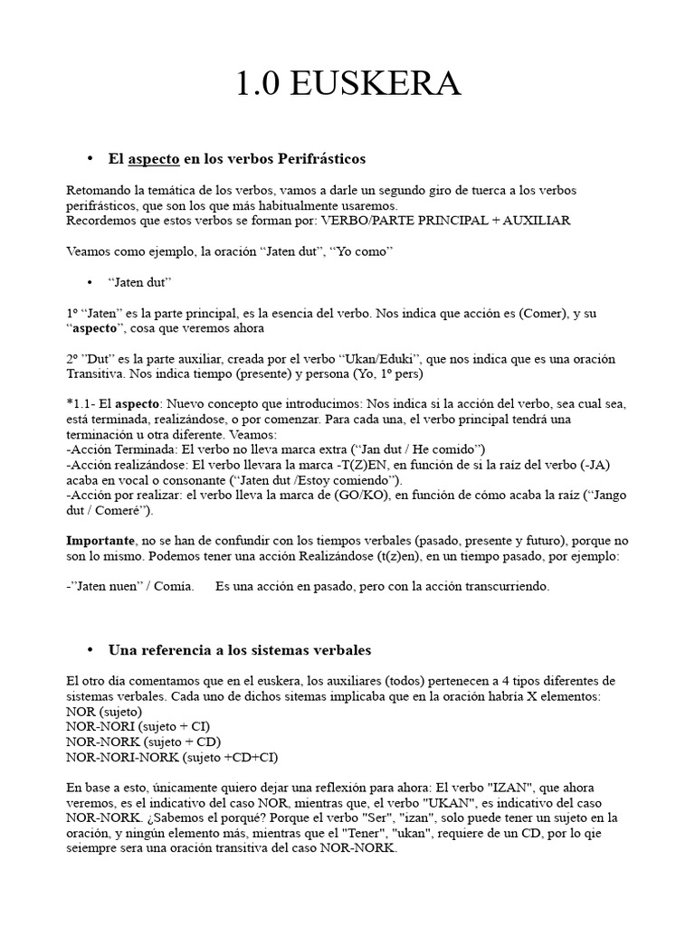 1.0 Euskera | PDF | Verbo | Asunto (gramática)