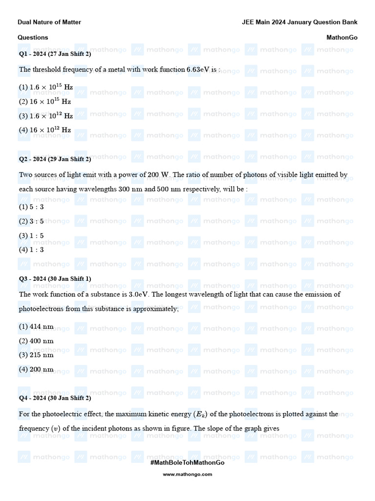 Dual Nature of Matter - JEE Main 2024 January Question Bank - MathonGo ...
