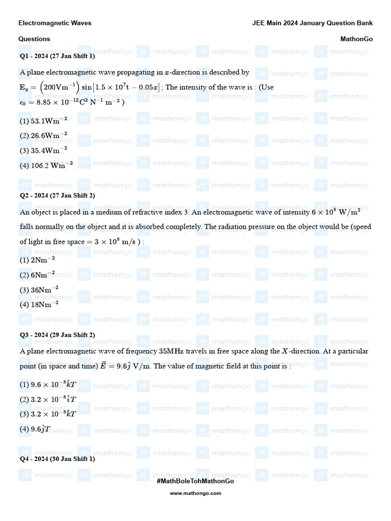 JEE Main 2024 EM Waves Question Bank | PDF | Waves | Electromagnetic ...