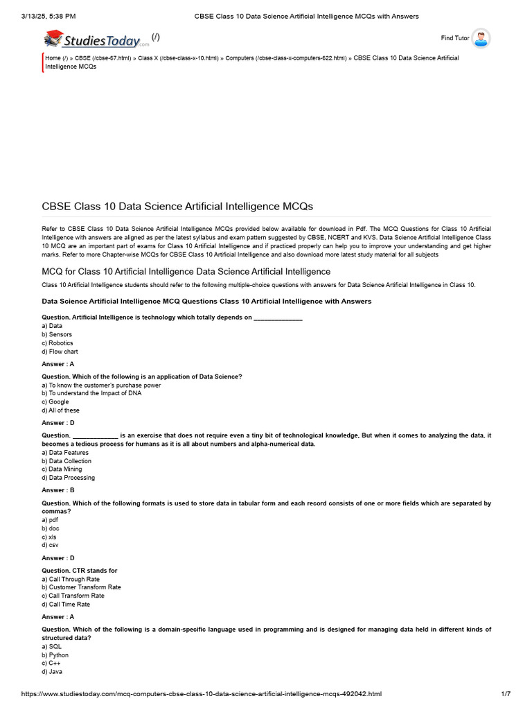 CBSE Class 10 Data Science Artificial Intelligence MCQs With Answers | PDF | Multiple Choice ...