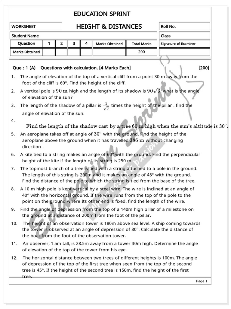 HEIGHT & DISTANCES Worksheet | PDF | Height | Angle