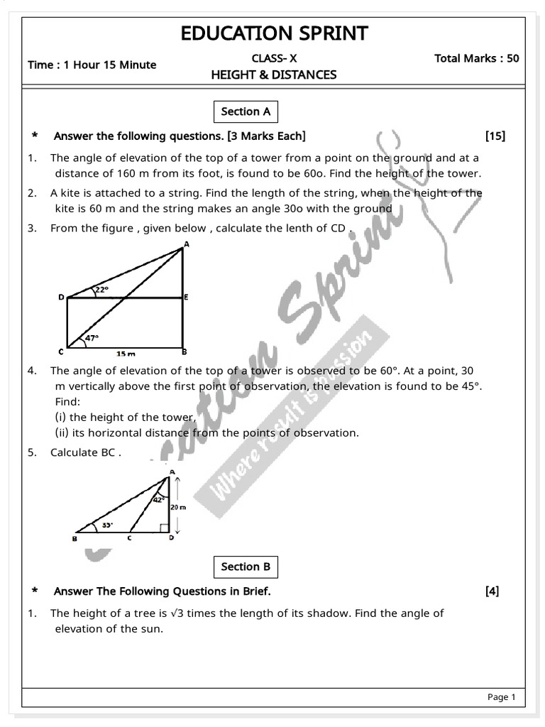 Height and Distance Problems for Class X | PDF | Trigonometric ...