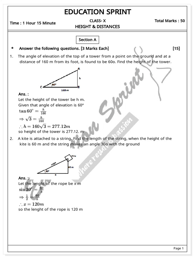 Height and Distance Problems Solutions | PDF | Angle | Geometry