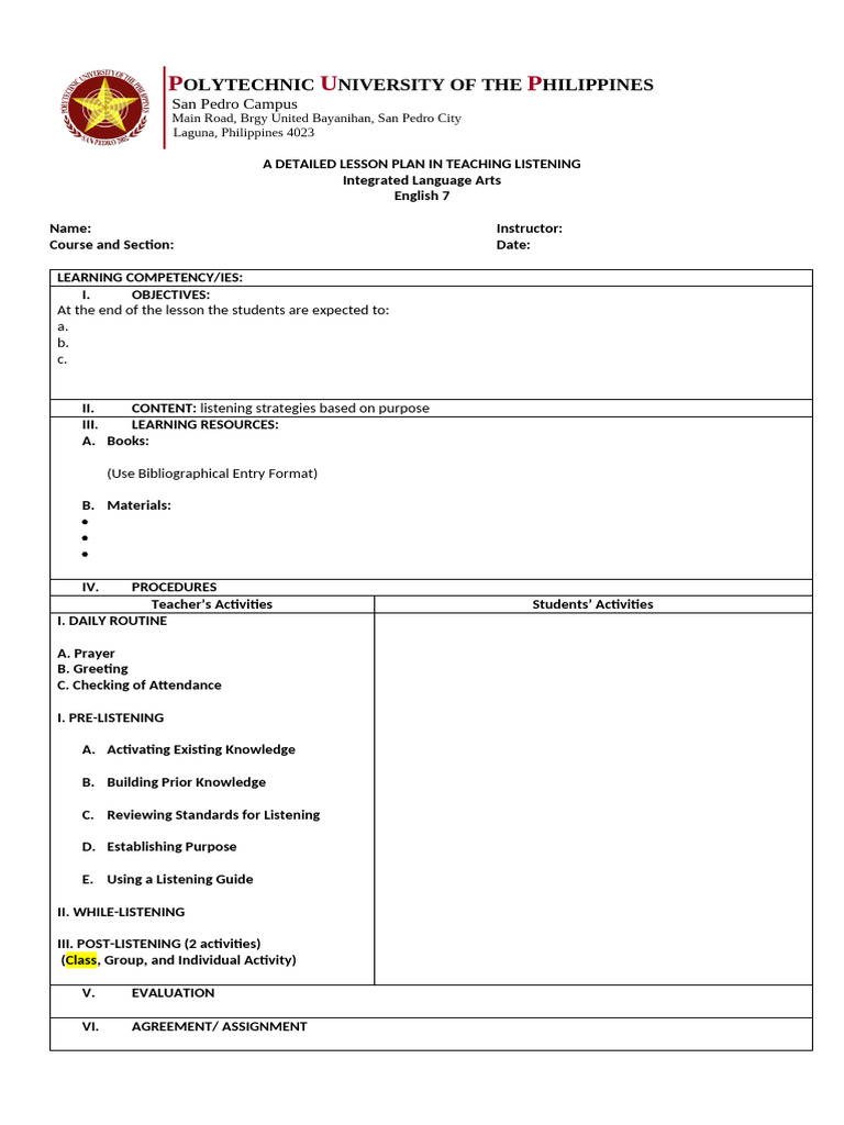Detailed Listening Lesson Plan for English 7 | PDF