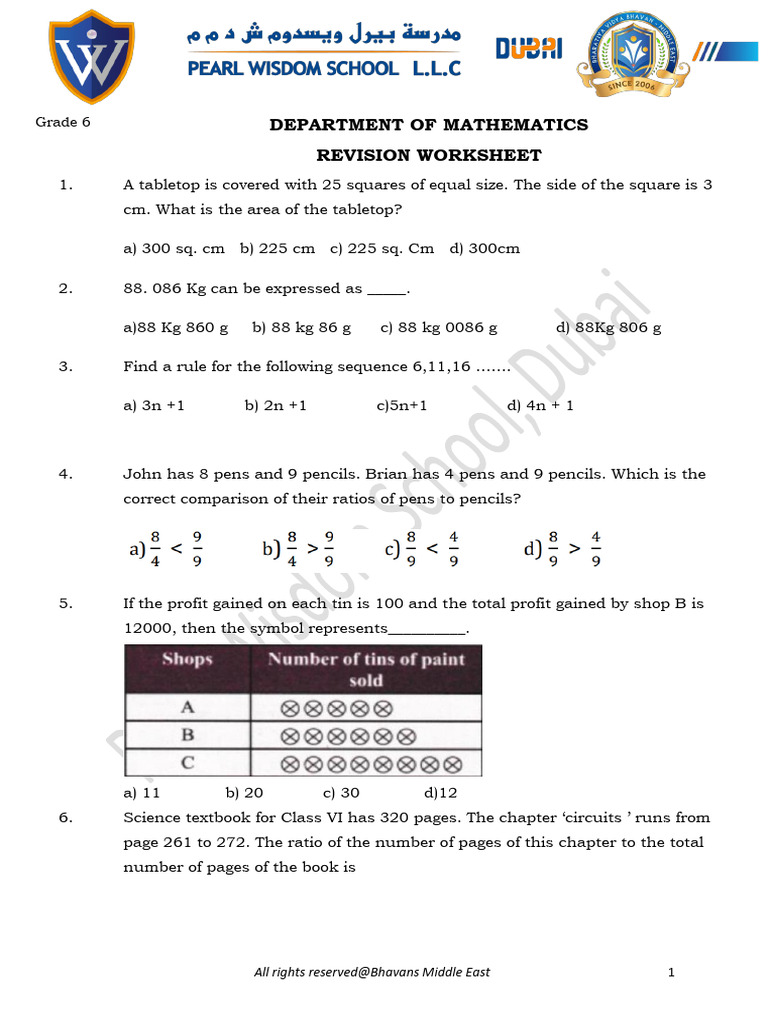 Grade 6 Mathematics Revision Worksheet | PDF | Length | Area
