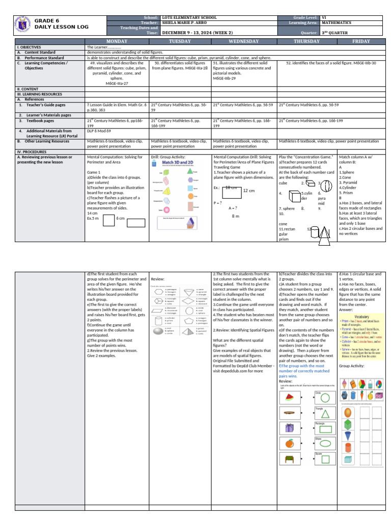 DLL - Mathematics 6 - Q3 - W2 | PDF | Shape | Area