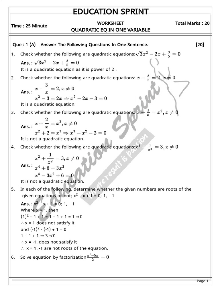QUADRATIC EQ IN ONE VARIABLE Worksheet - Solution | PDF | Factorization ...