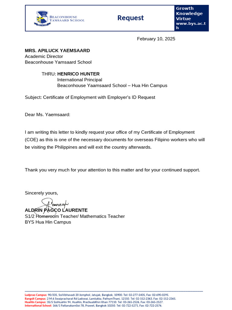 COE Request - T. Aldrin Laurente | PDF
