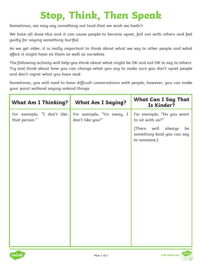 Think Before You Speak Activities | PDF