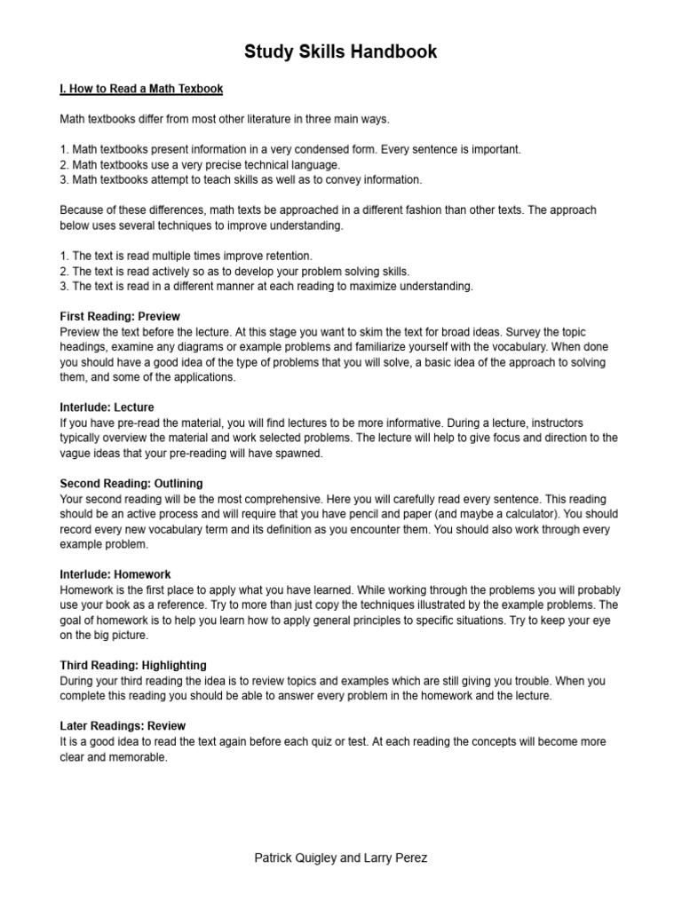 Math Study Skills Handbook | PDF | Study Skills | Homework