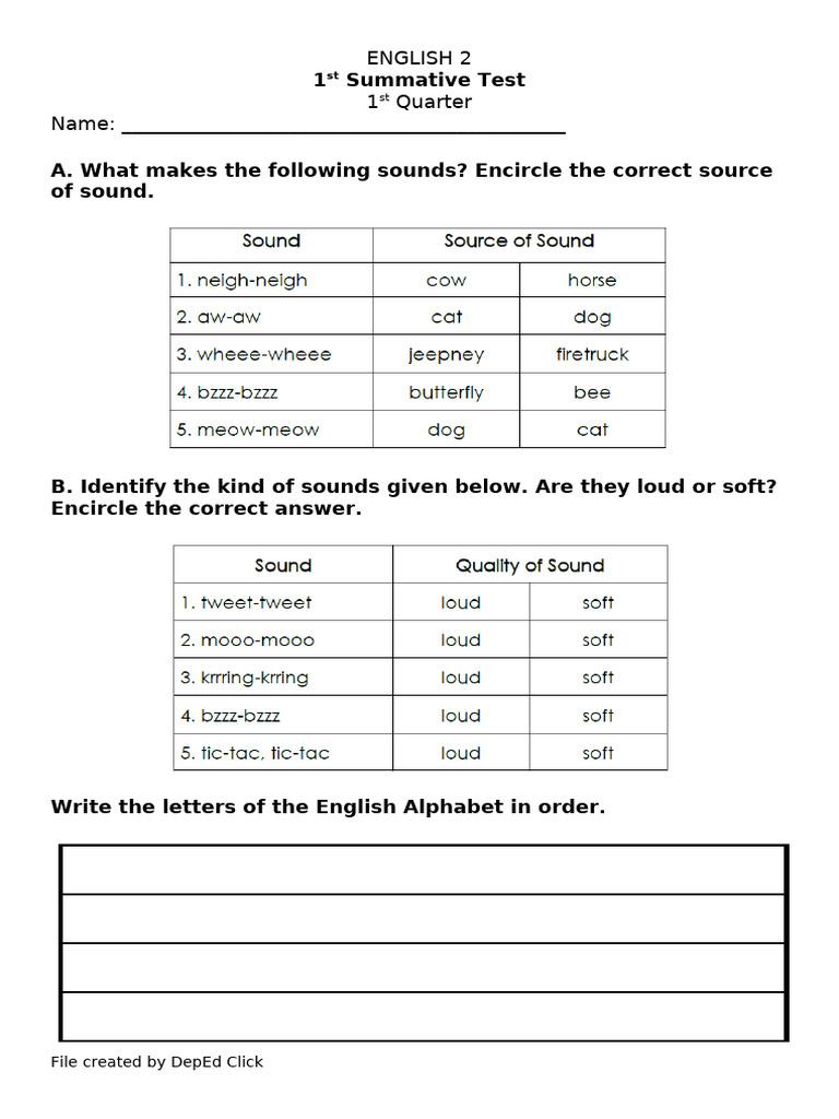 1st Quarter English 2 Test Guide | PDF