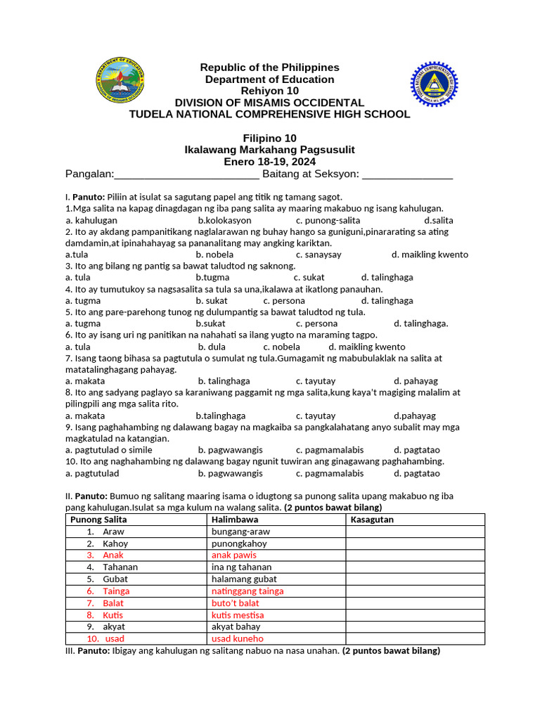 10 Eksam Second Quarter Filipino | PDF