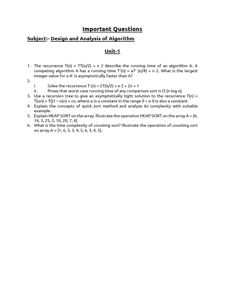 DAA Important Questions-1 | PDF | Recurrence Relation | Time Complexity