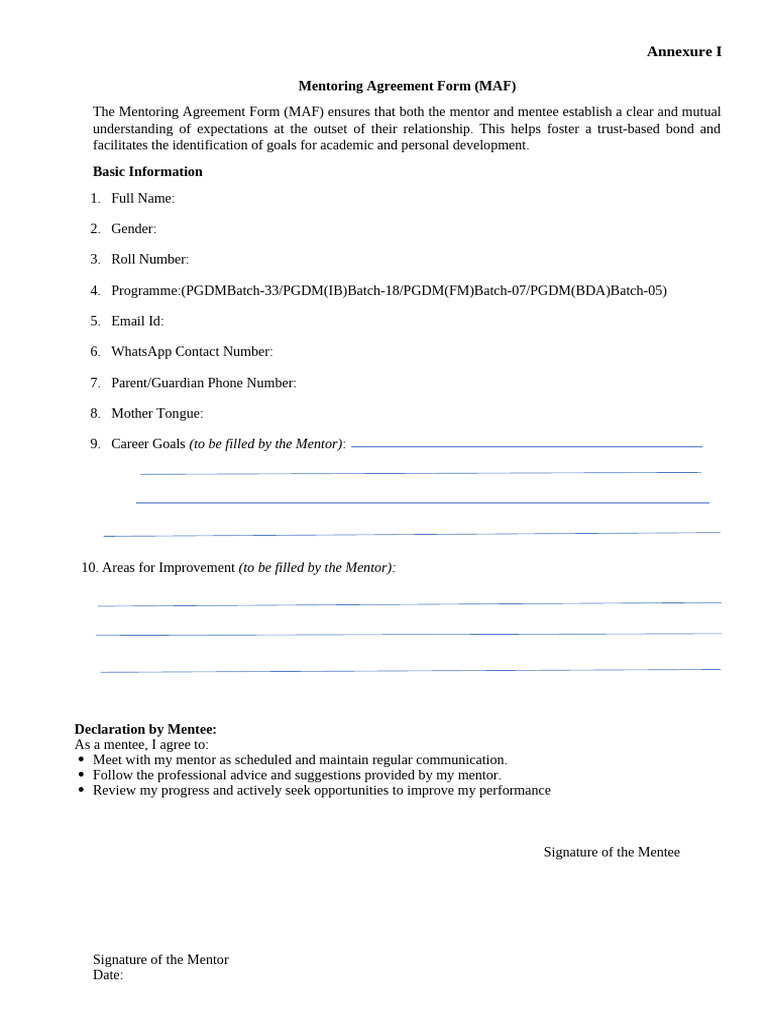 Mentoring Agreement Form (MAF) (Annexure-1) | PDF