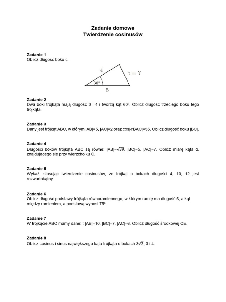 Zadanie Domowe - Twierdzenie Cosinusow | PDF