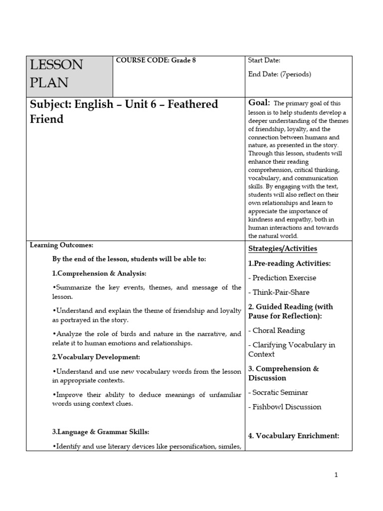 LESSON PLAN - Feathered Friend. | PDF | Reading Comprehension | Vocabulary