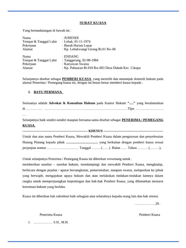 Contoh Surat Kuasa Advokat Baik Dan Bena | PDF