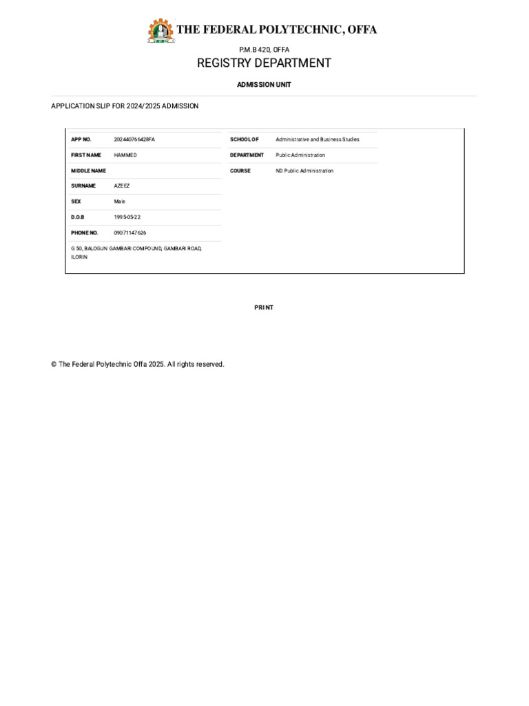 FEDPOFFA Portal - APPLICATION SLIP | PDF