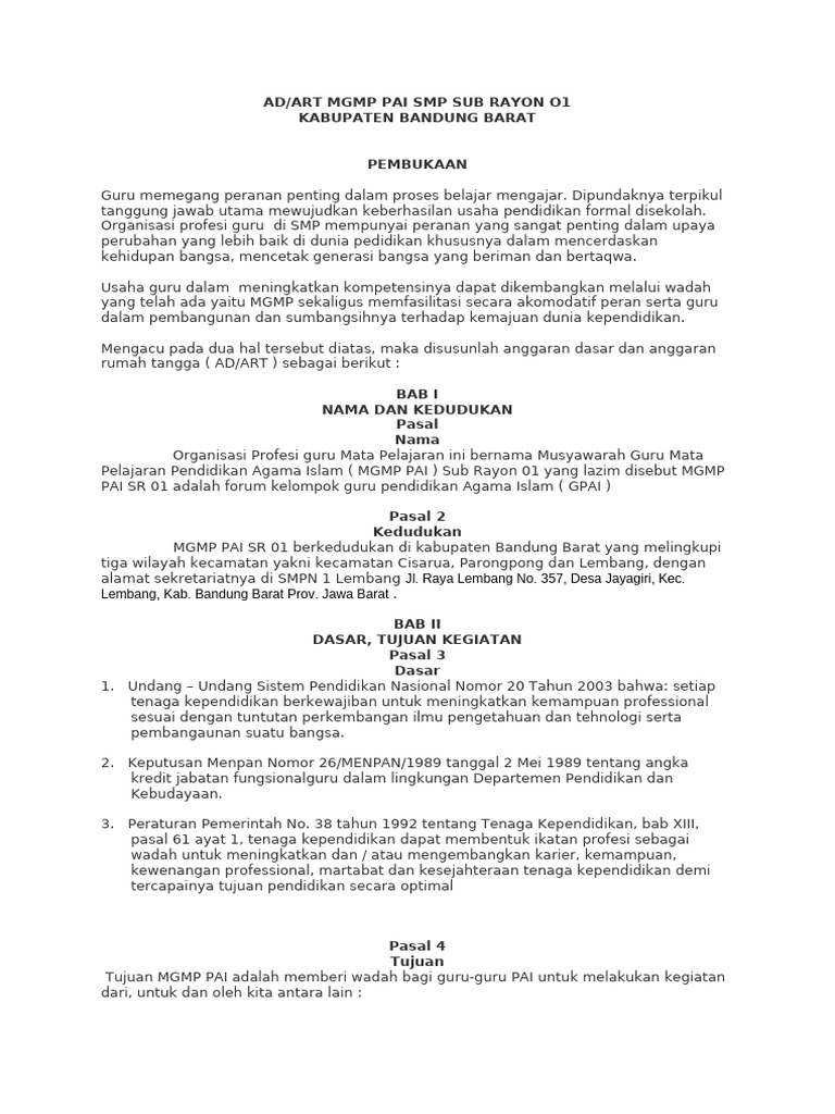 AD/ART MGMP PAI SMP Bandung Barat | PDF