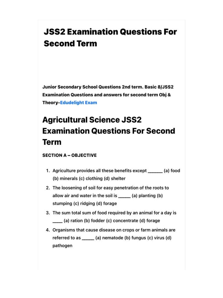JSS2 Examination Questions For Second Term | PDF | Input/Output | Digestion