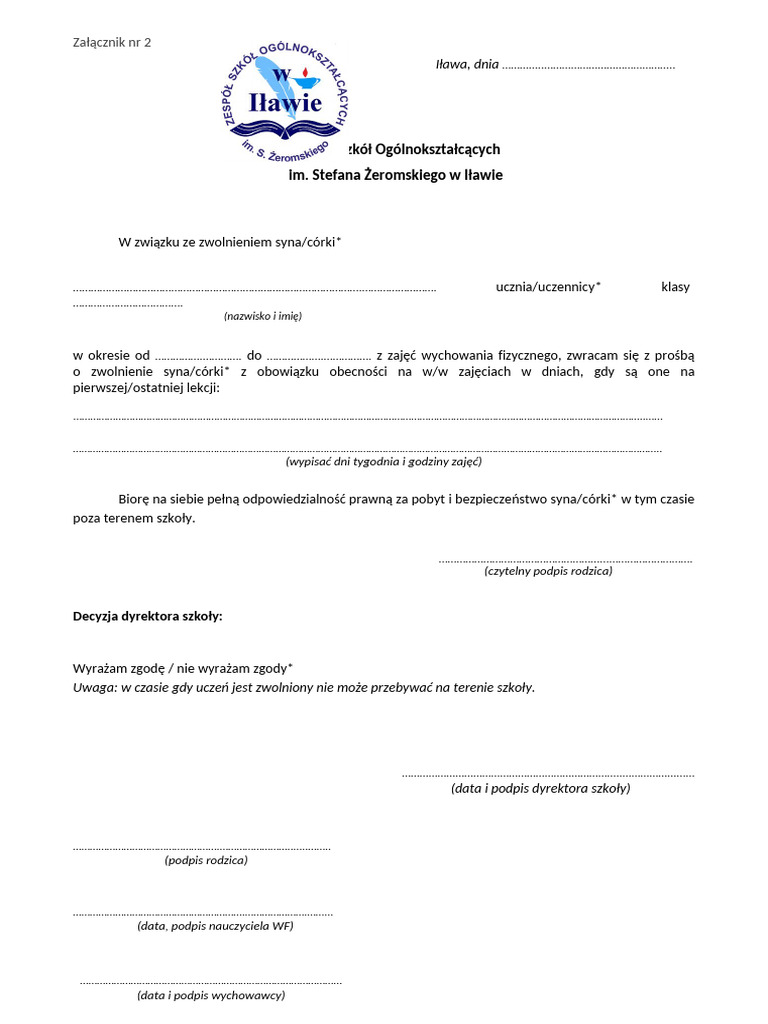 Wniosek Zwolnienie Z Obecnosci WF | PDF