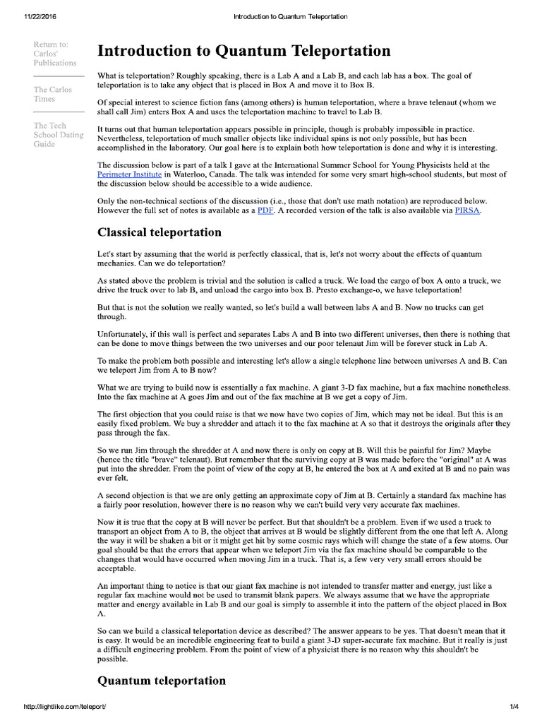 An Introduction to Quantum Teleportation A | PDF