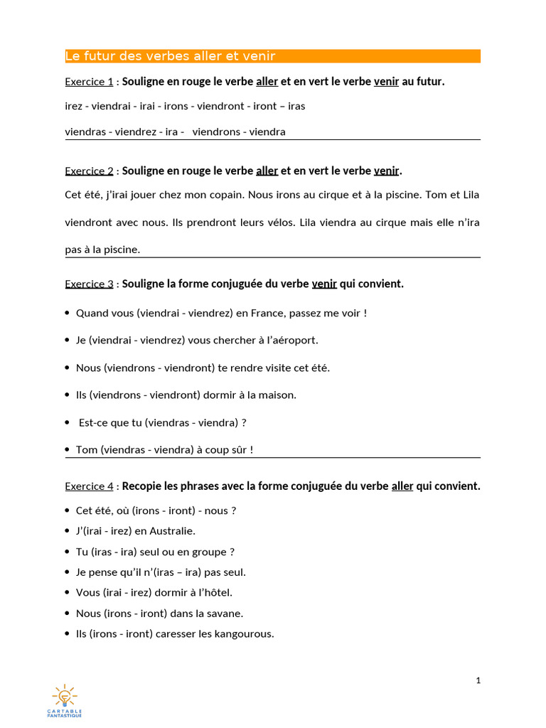 Le Futur Des Verbes Aller Et Venir Pour La Classe | PDF | Verbe ...