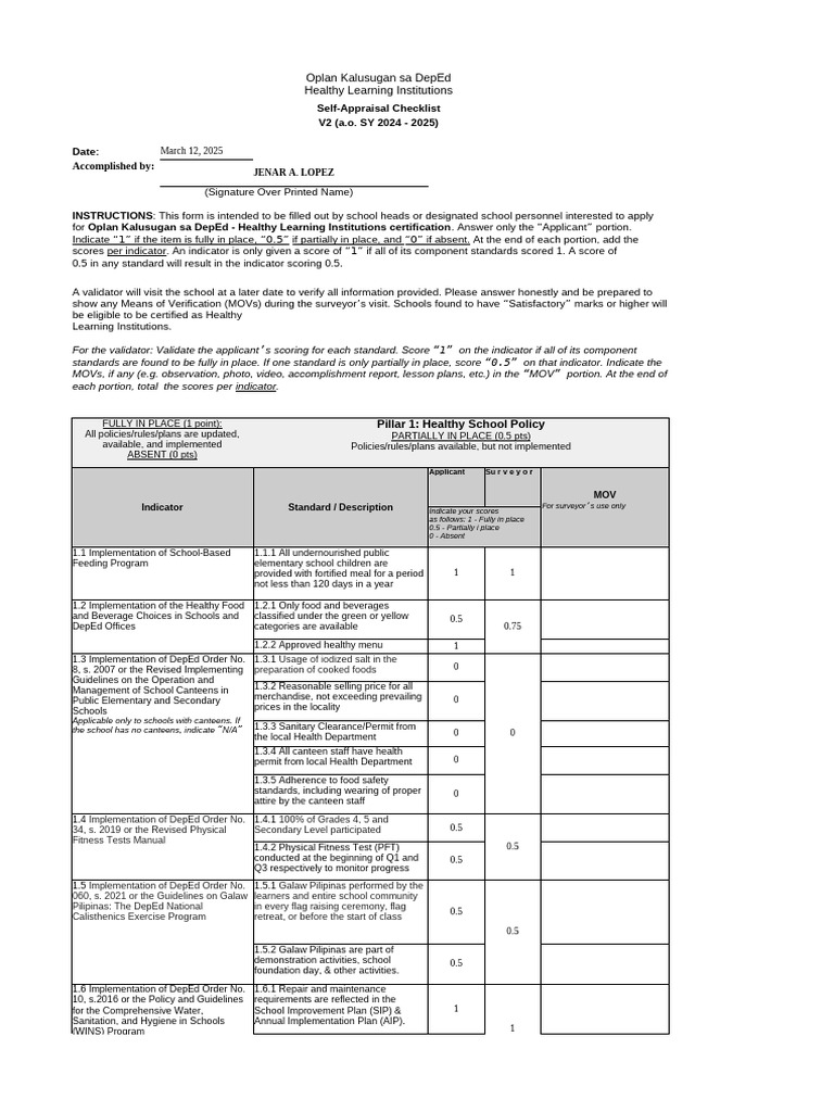 OKD-HLI Self-Appraisal Checklist 3.1.2025 | PDF | First Aid | Teachers