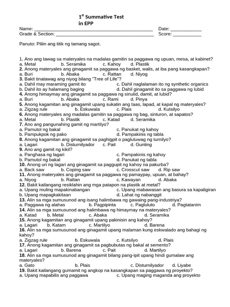 1st Summative Test in Epp | PDF