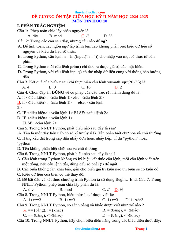 Thuvienhoclieu.com de Cuong on Tap Giua HK2 Tin 10 Canh Dieu 24 25 | PDF