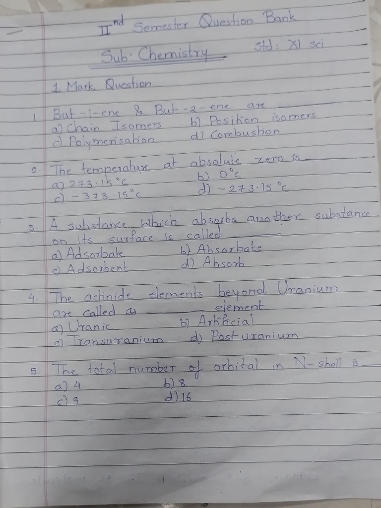 XI Sci Chemistry 2nd Semester Question Bank 2025 | PDF
