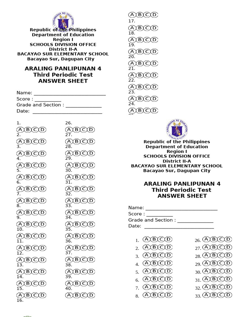 Grade 4 Araling Panlipunan Answer Sheet | PDF