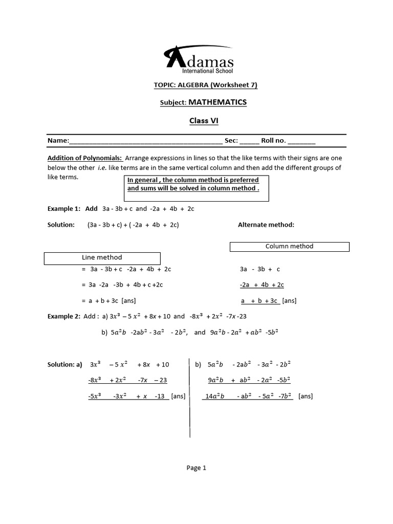 Class Vi Worksheet On Algebra (Extra Topic) | PDF | Algebra | Polynomial