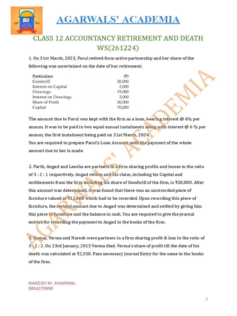 Class 12 Accountancy Partnership Retirement and Death Worksheet | PDF ...