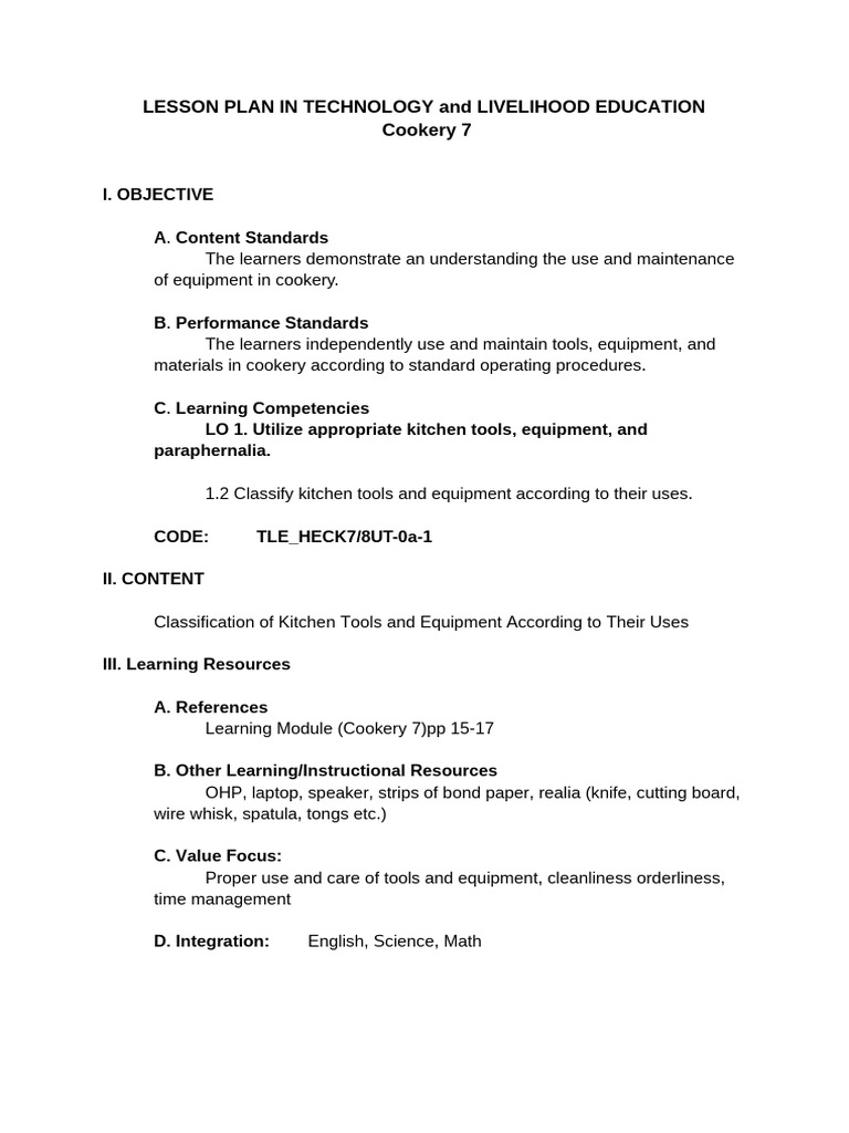 LESSON PLAN IN TLE Cookery 7 | PDF | Cuisine | Food And Drink Preparation