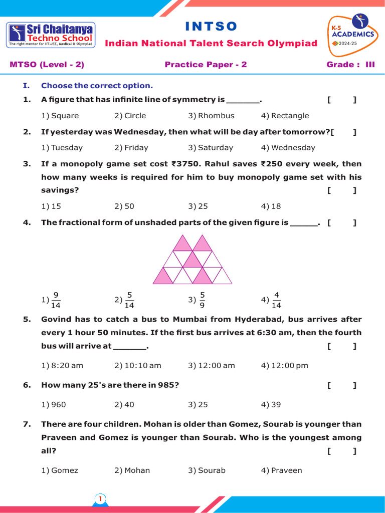 INTOS Grade 3 Math Practice Paper | PDF | Arithmetic | Numbers