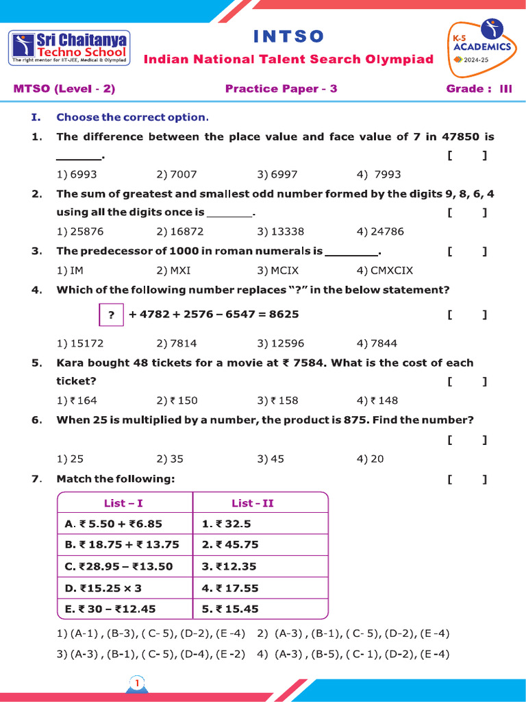 MTSO Question Paper-3_Grade - 3 (Level-2) | PDF