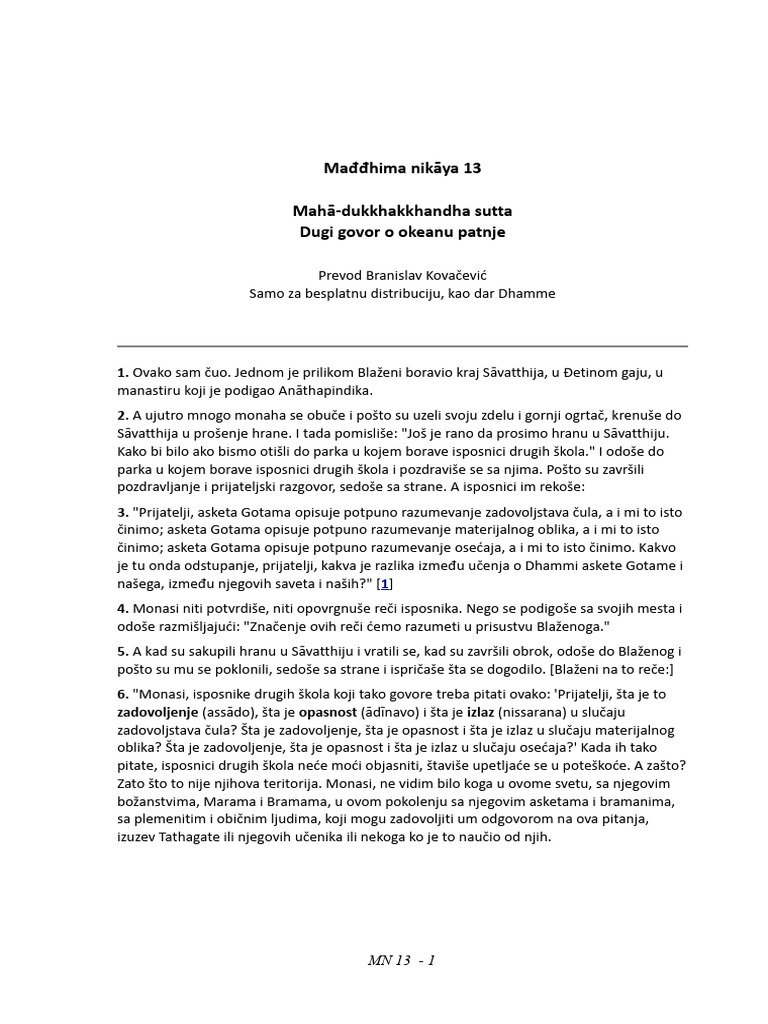 #12 MN 13 Mahā-Dukkhakkhandha Sutta - Dugi Govor o Okeanu Patnje | PDF