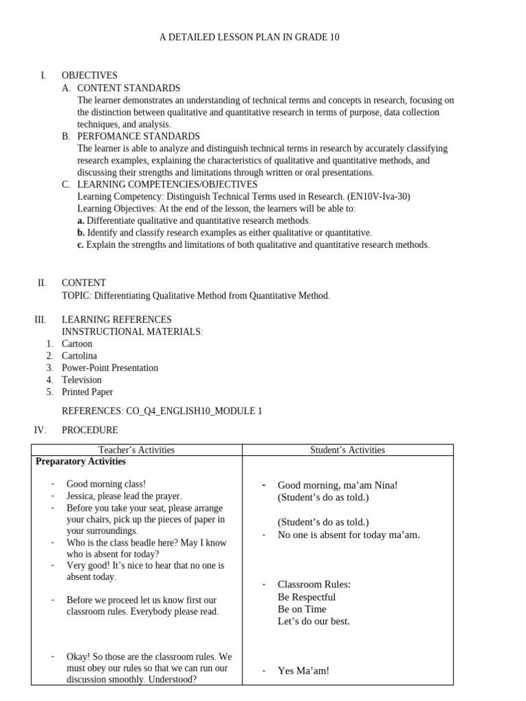 Grade 10 Research Methods Lesson Plan | PDF | Qualitative Research ...
