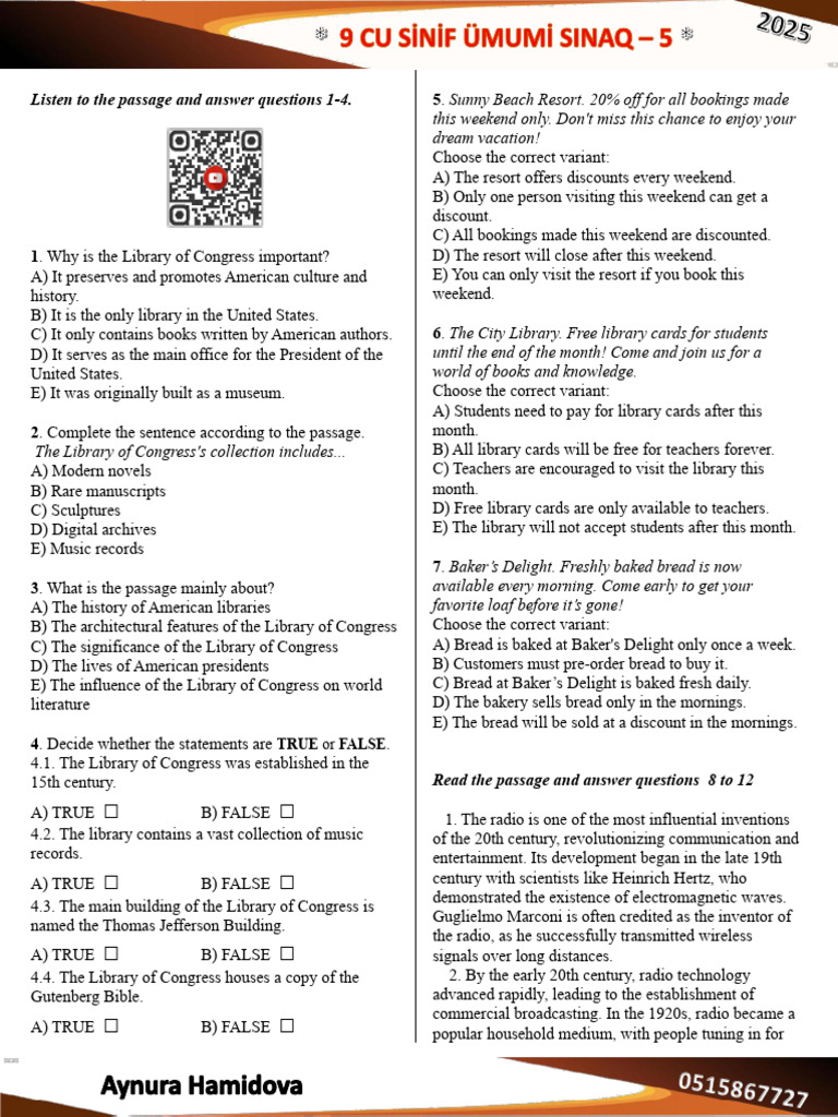 9 CU SİNİF 5 SİNAQ - Aynura - Hamidova - 0515867727 | PDF | Radio | Broadcasting