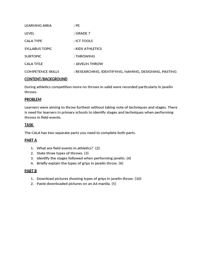 Javelin Throw Techniques for Grade 7 | PDF