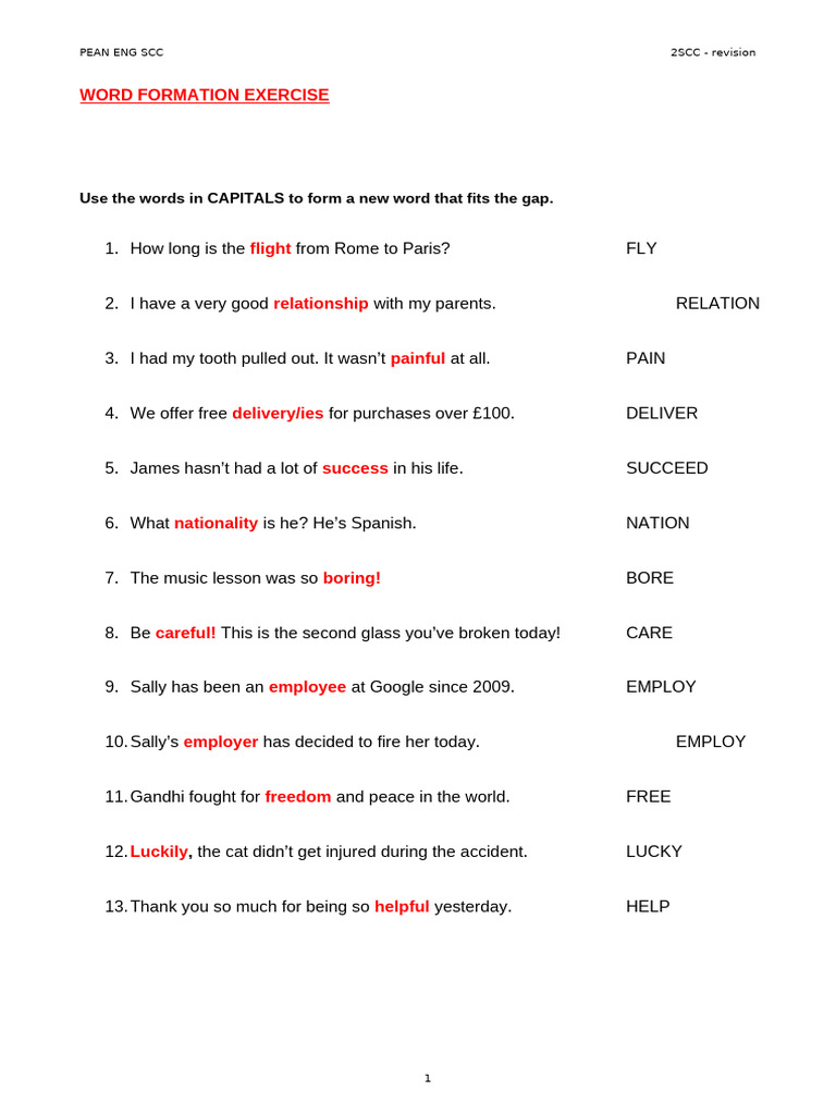 WORD FORMATION EXERCISE - Key | PDF