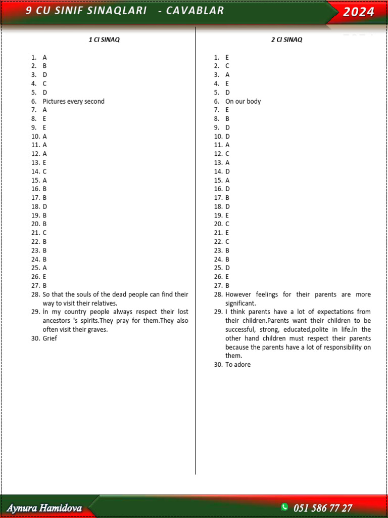 Yeni Model 9 Cu Sinif Sinaqlari - Cavablar | PDF