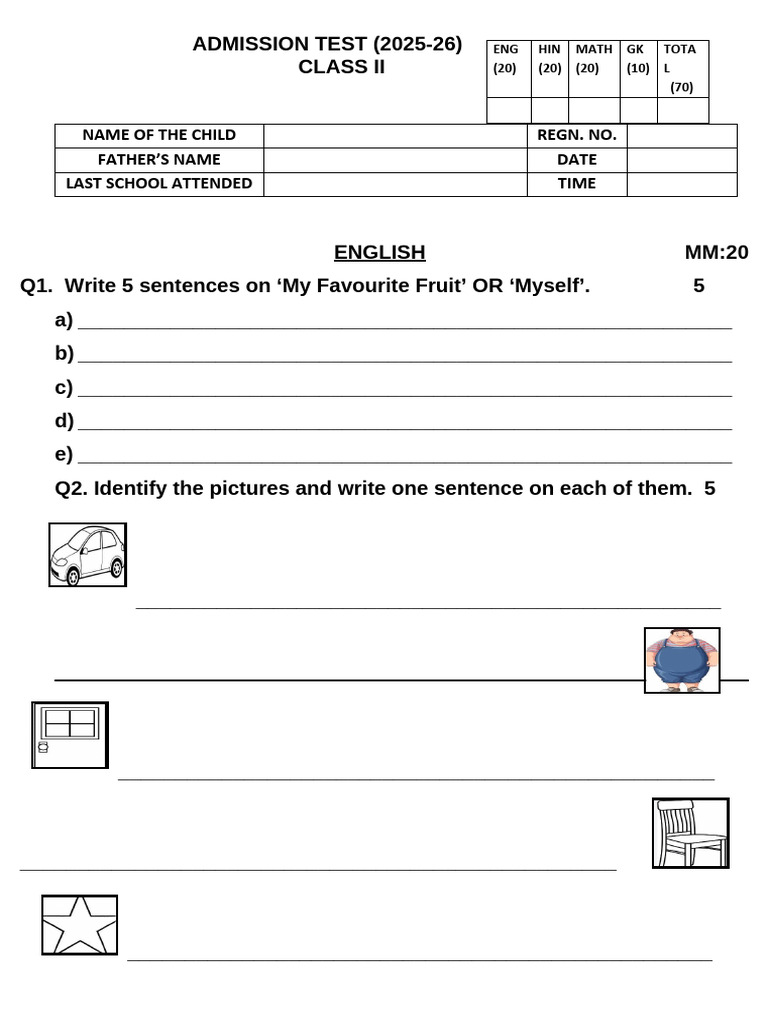 Set 2 Admission Test Class 2 (2024-25) | PDF | Language Families ...